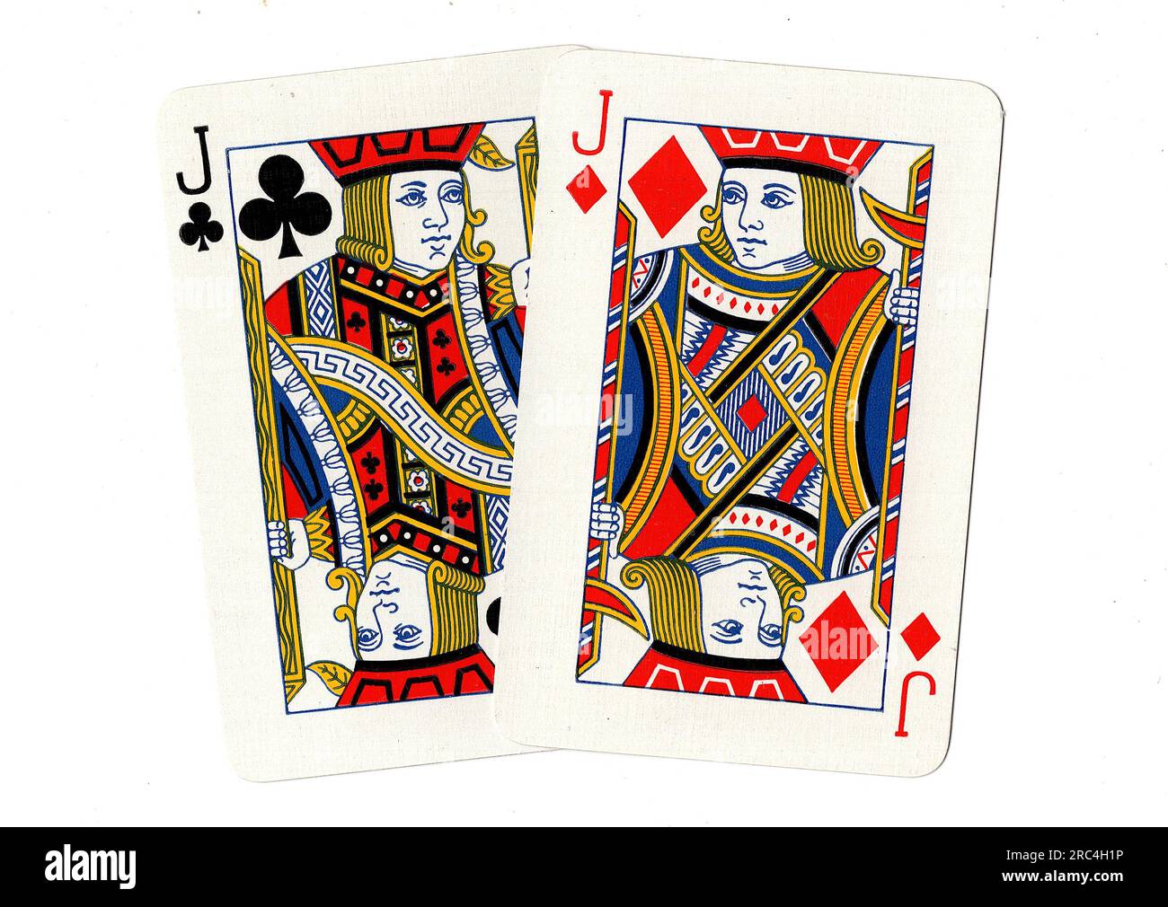 Vintage playing cards showing a pair of jacks on a white background ...