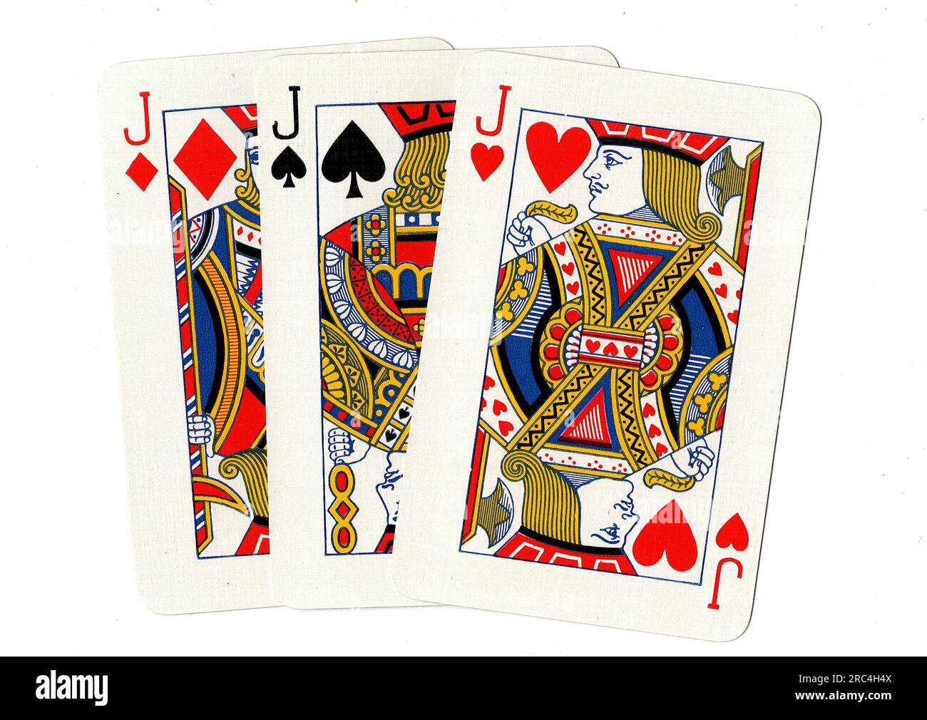 Vintage playing playing cards showing a three jacks on a white ...
