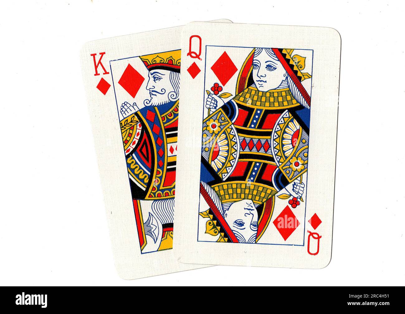 Vintage playing playing cards showing a king and queen of diamonds on a ...