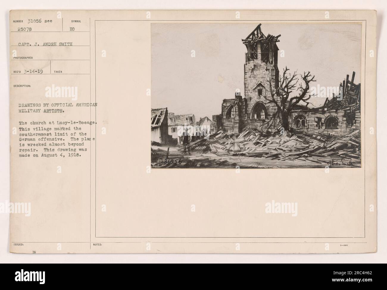 The image depicts a drawing of the church at Lucy-le-Bocage, which was ...