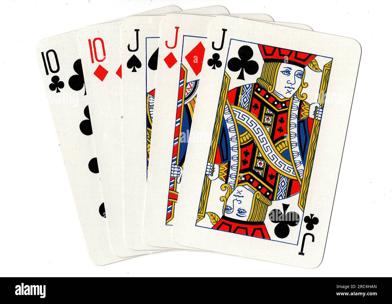 A poker hand of playing cards showing a full house of jacks and tens on ...