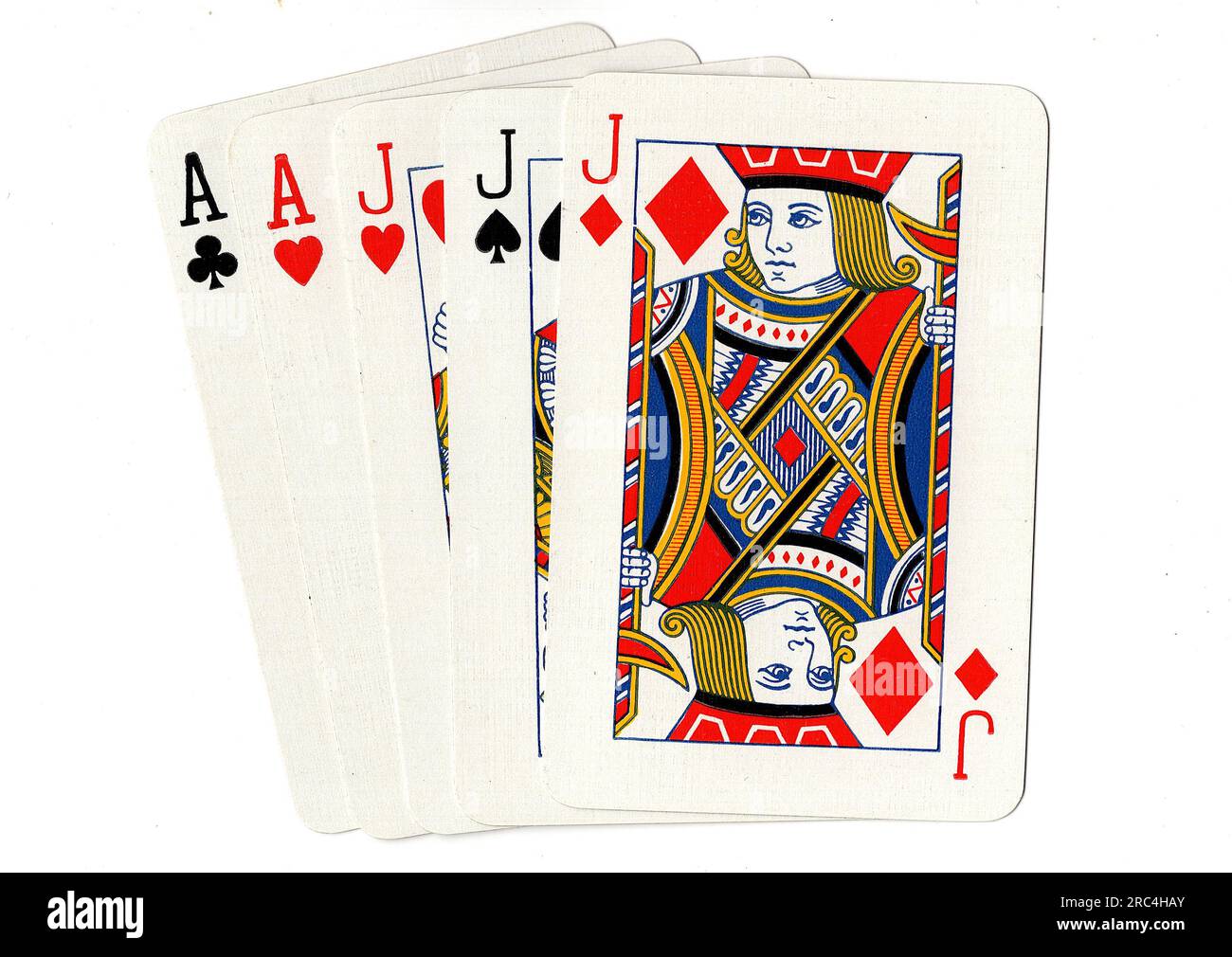 A poker hand of playing cards showing a full house of jacks and aces on ...