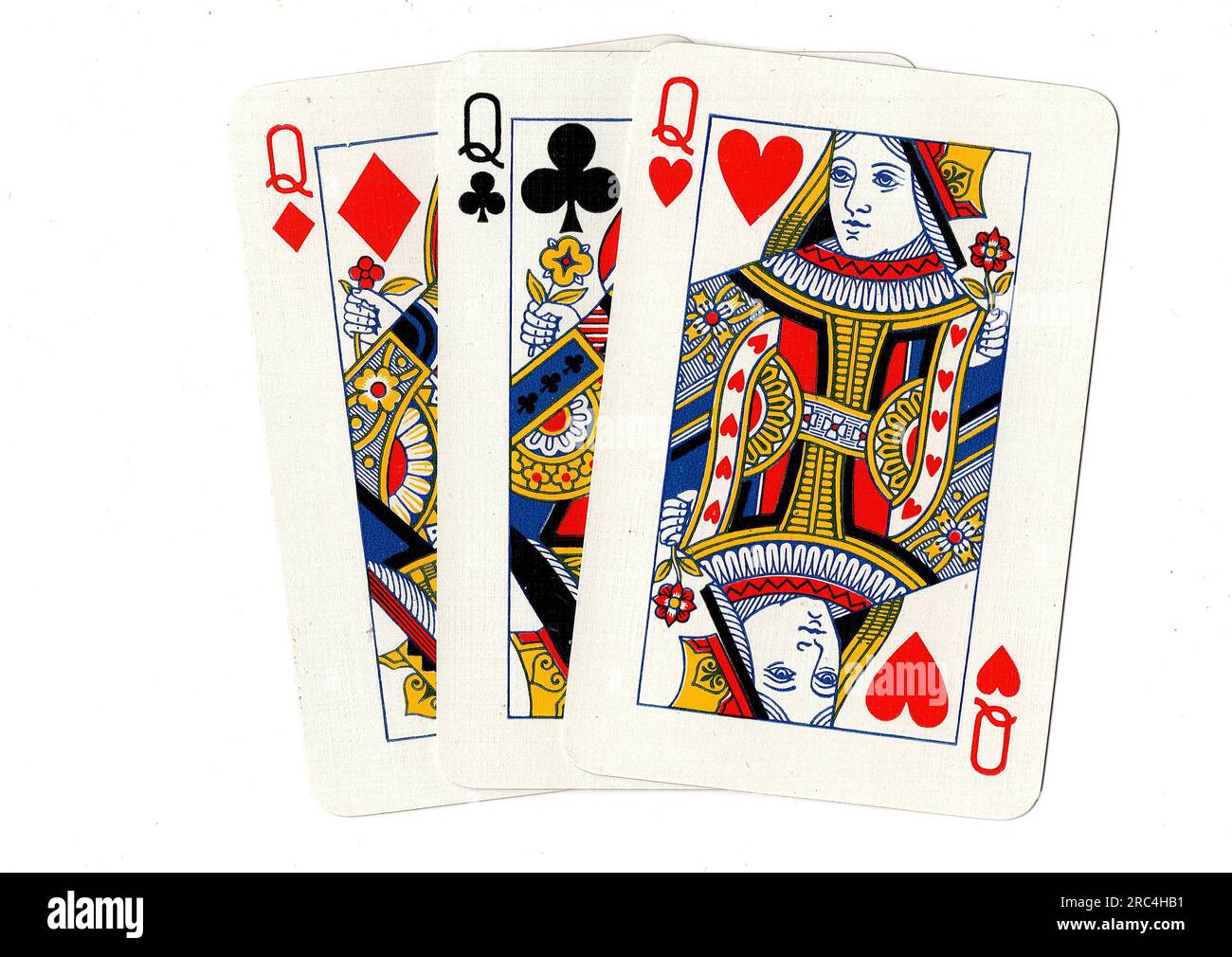 Vintage playing cards showing three queens on a white background Stock ...