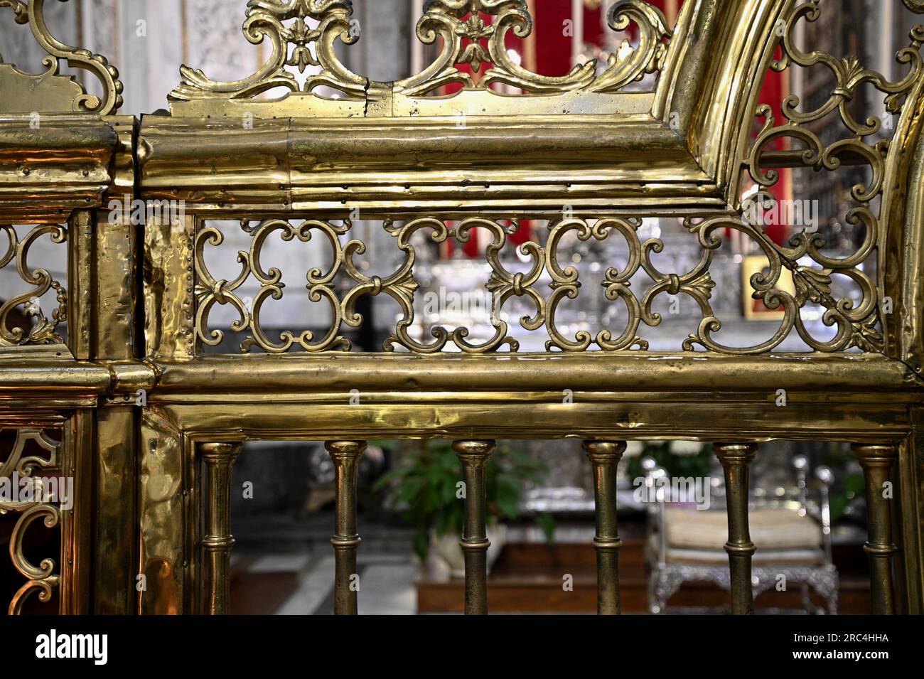 Handcrafted antique brass altar gate railing in the interior of the ...