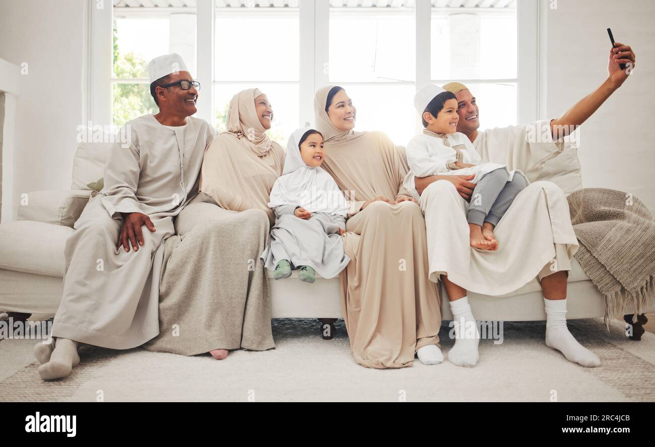 Selfie, Islam and big family on sofa with smile, grandparents and ...