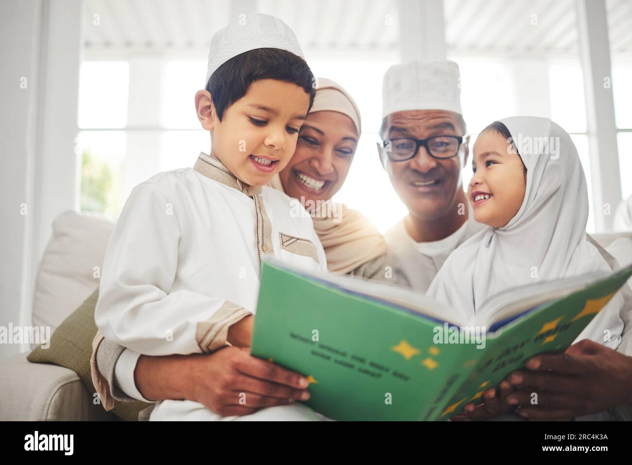 Happy family, Muslim parents or kids reading book for learning, Islamic ...
