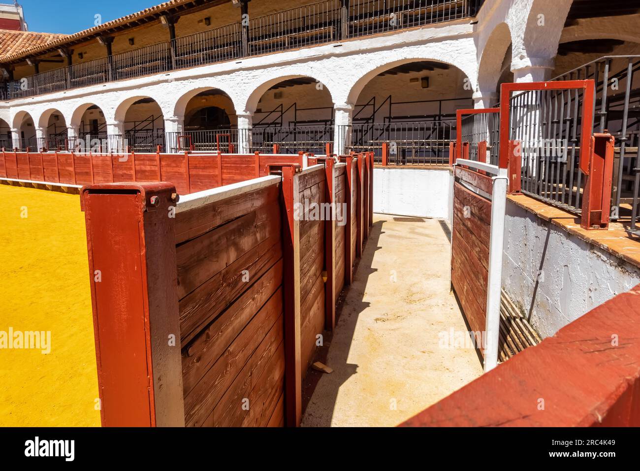 Interior corridor inside the barrier of the bullring of Almaden, Spain ...