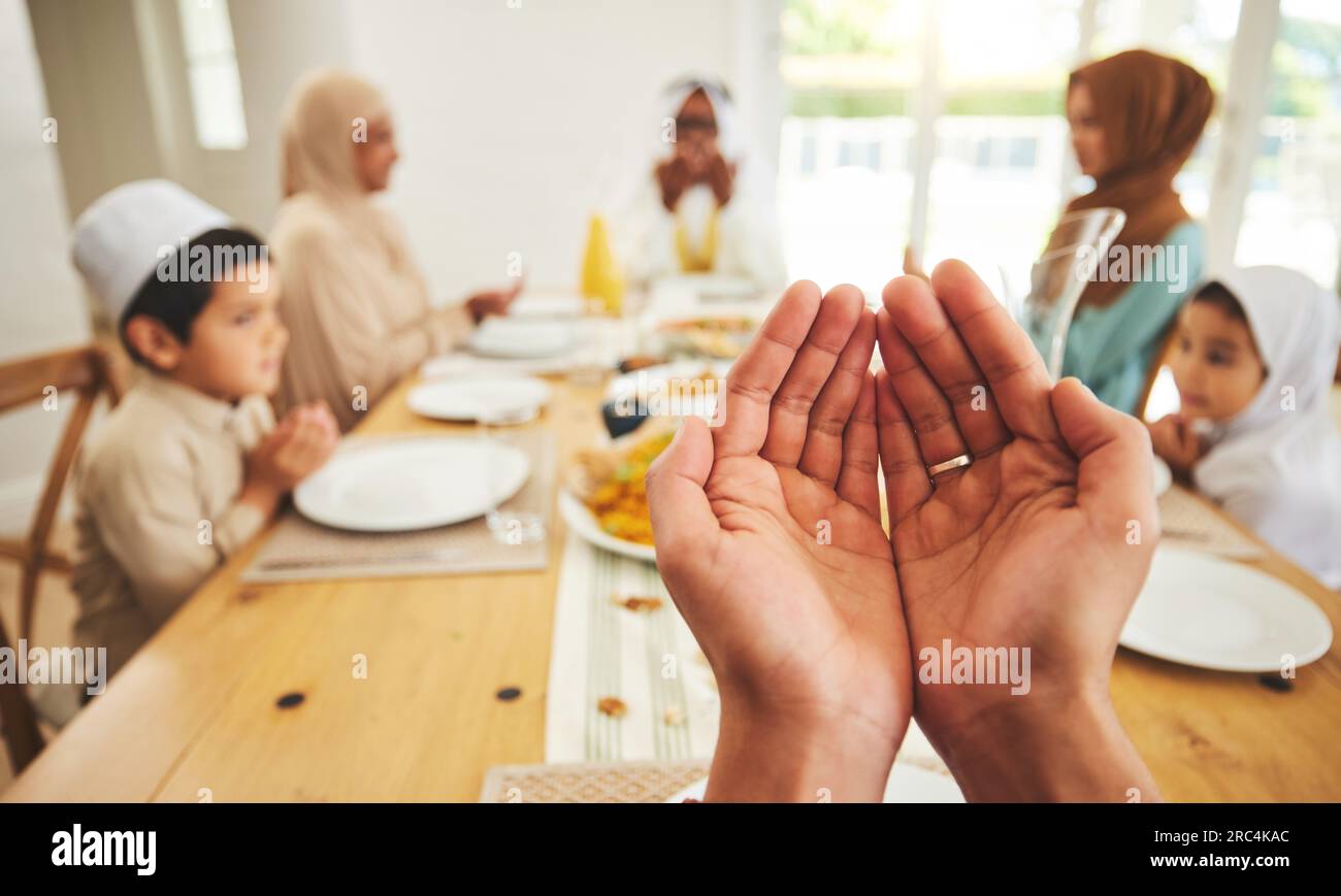 Hands, praying or Muslim family with food to say dua or prayer before ...