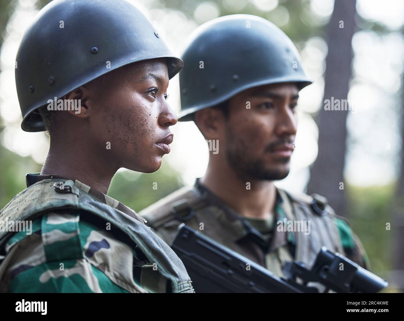 Serious people, army and ready for war, battle or fight on a mission ...