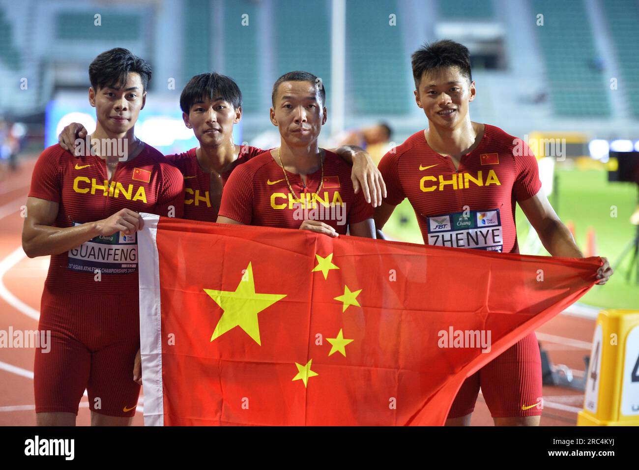 Bangkok, Thailand. 12th July, 2023. Silver medalists Chen Guanfeng, Chen Jiapeng, Wu Zhiqiang ...