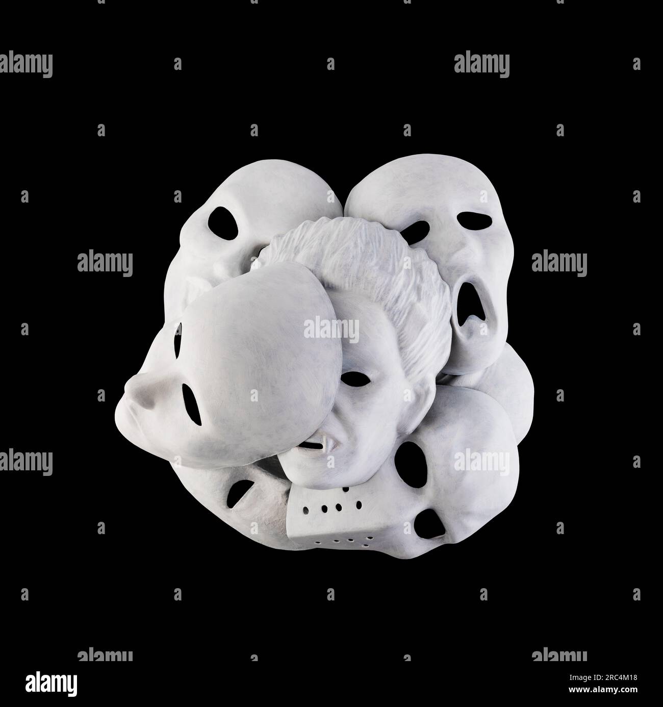 Group of white creepy masks isolated on black background with clipping ...