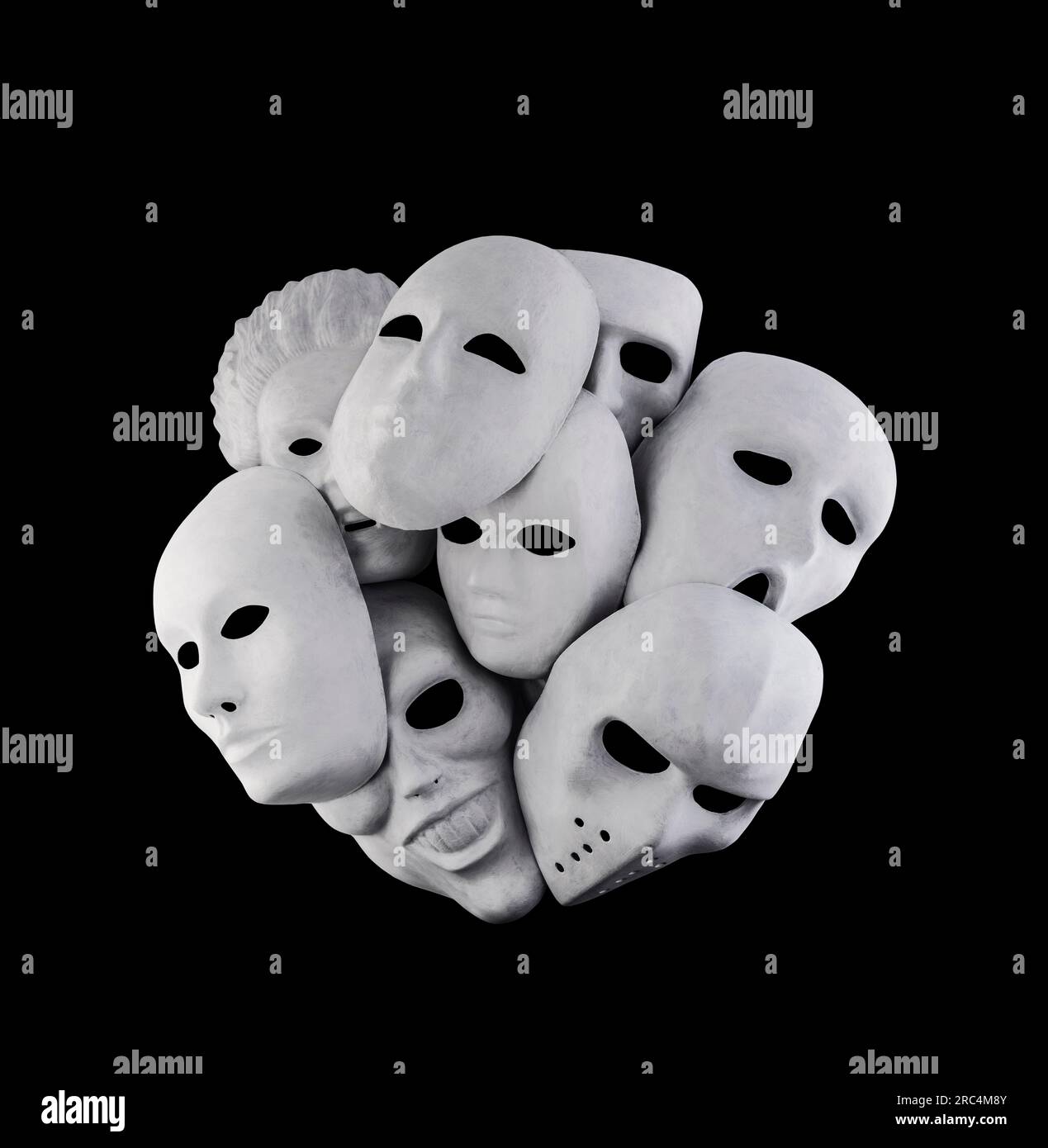 Group of white creepy masks isolated on black background with clipping ...