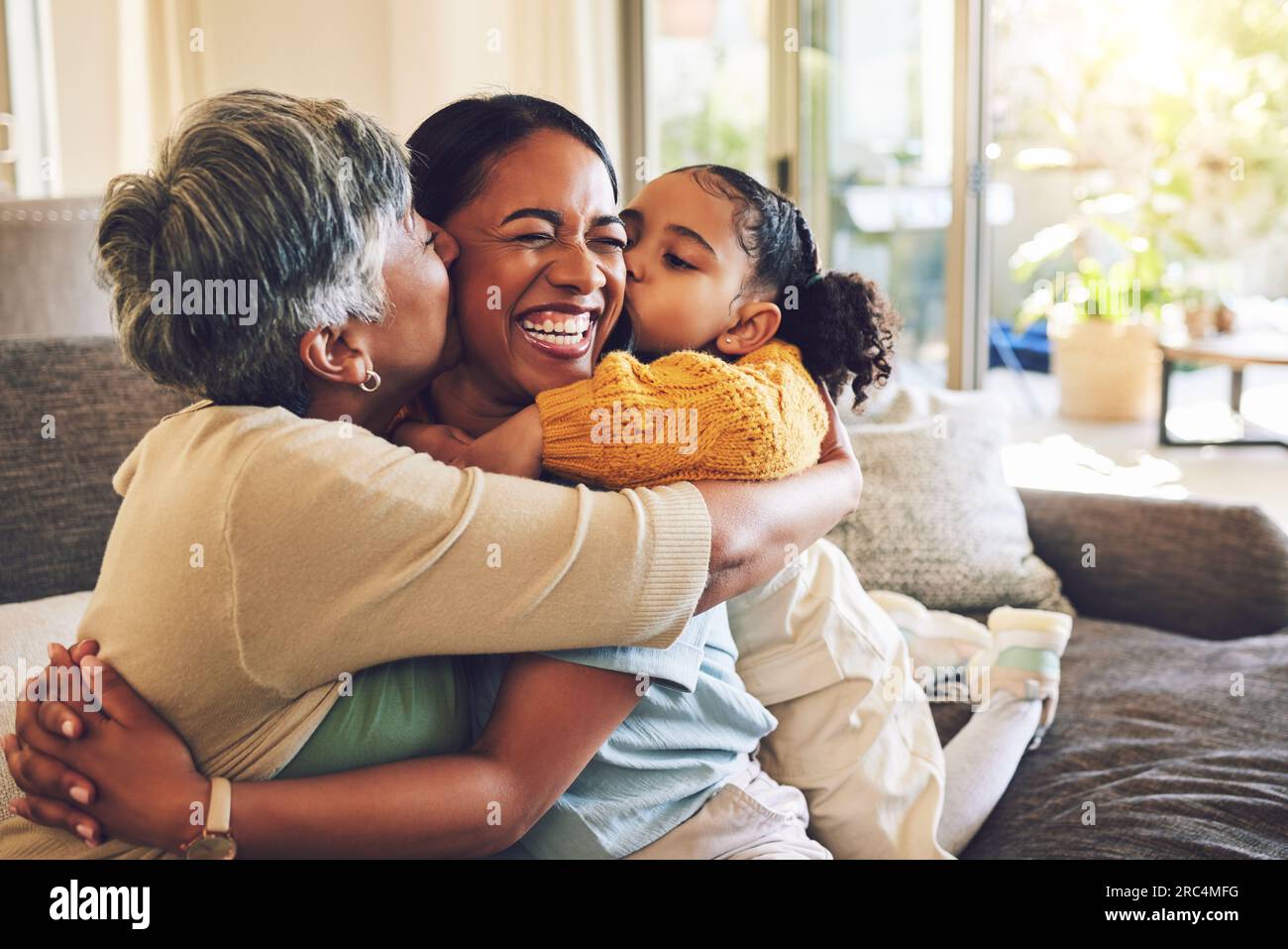 Grandma, mother and hug child, kiss in home and bonding together, funny ...