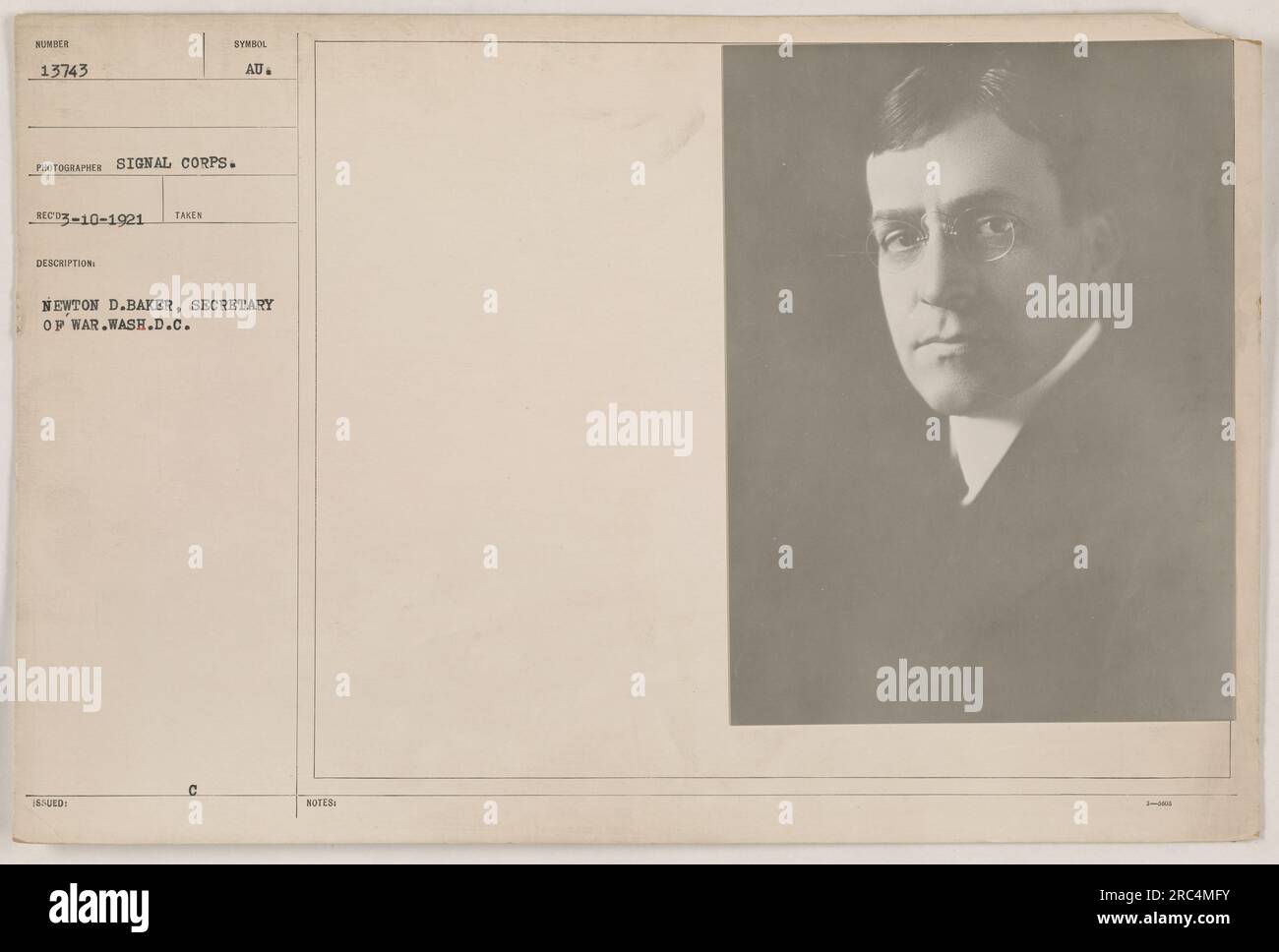 Secretary of War, Newton D. Baker, captured in a photograph taken by ...