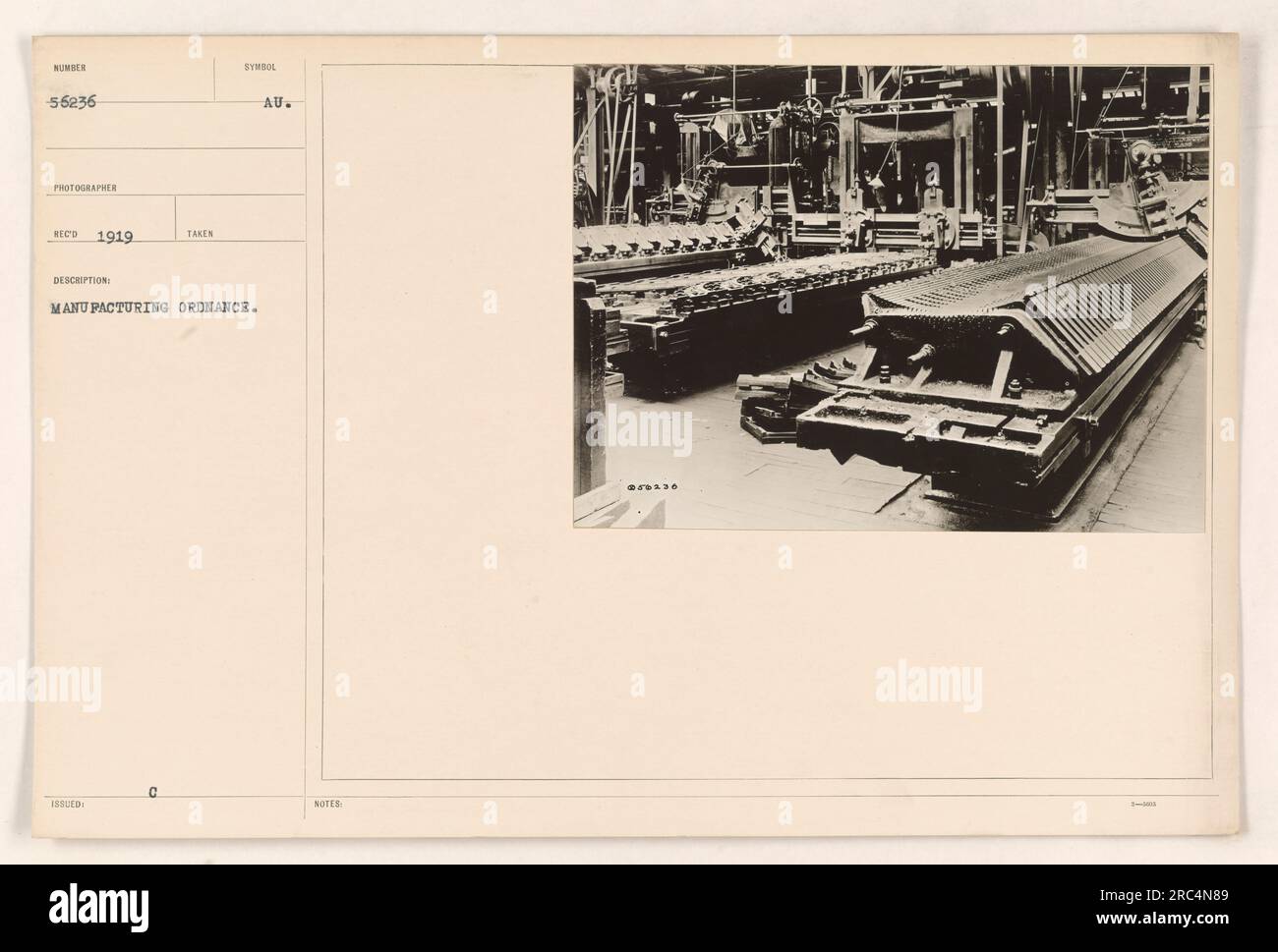 A photograph taken in 1919 of the manufacturing process of ordnance ...