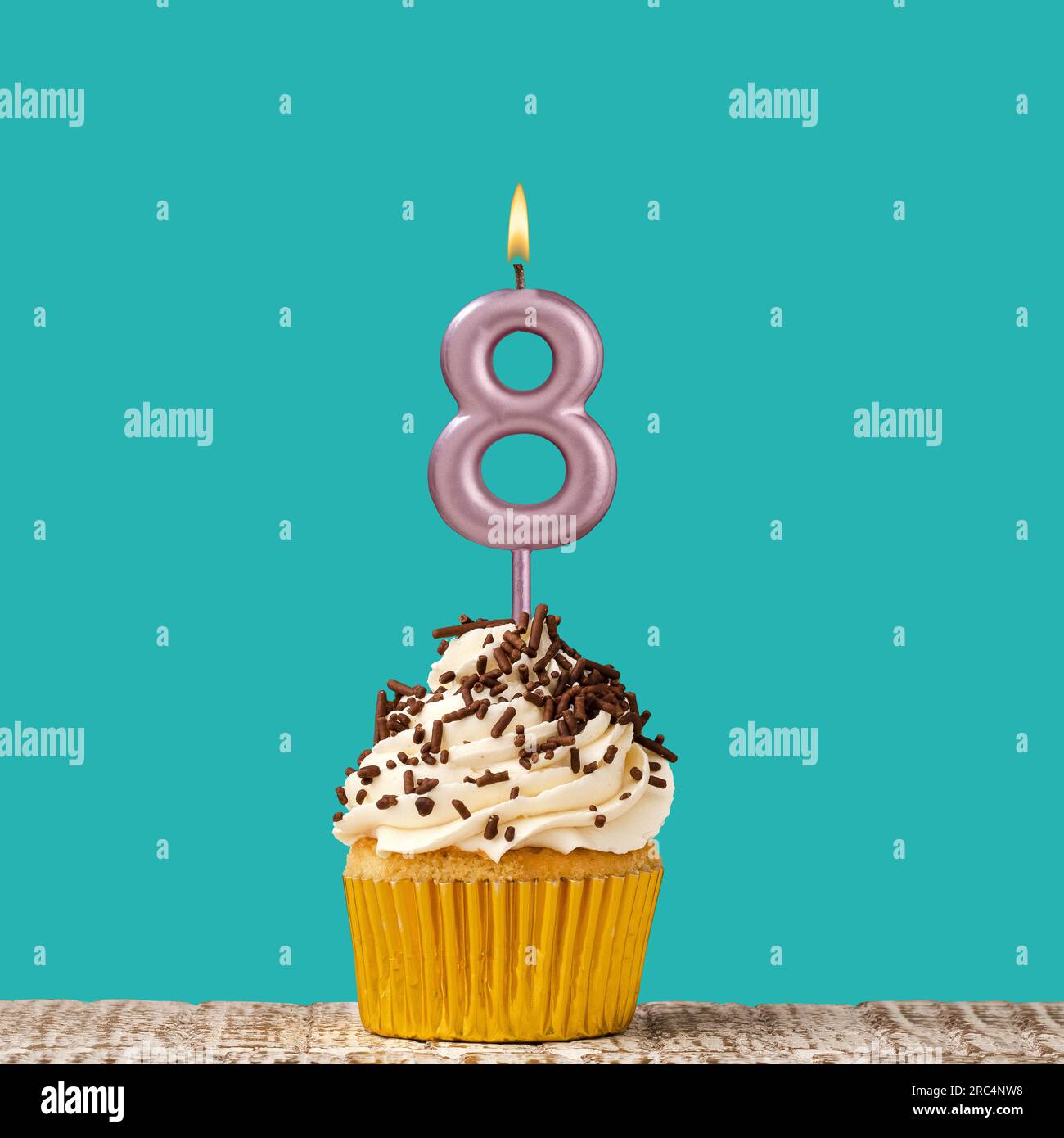 Birthday card with number 8 candle on aquamarine background Stock Photo ...