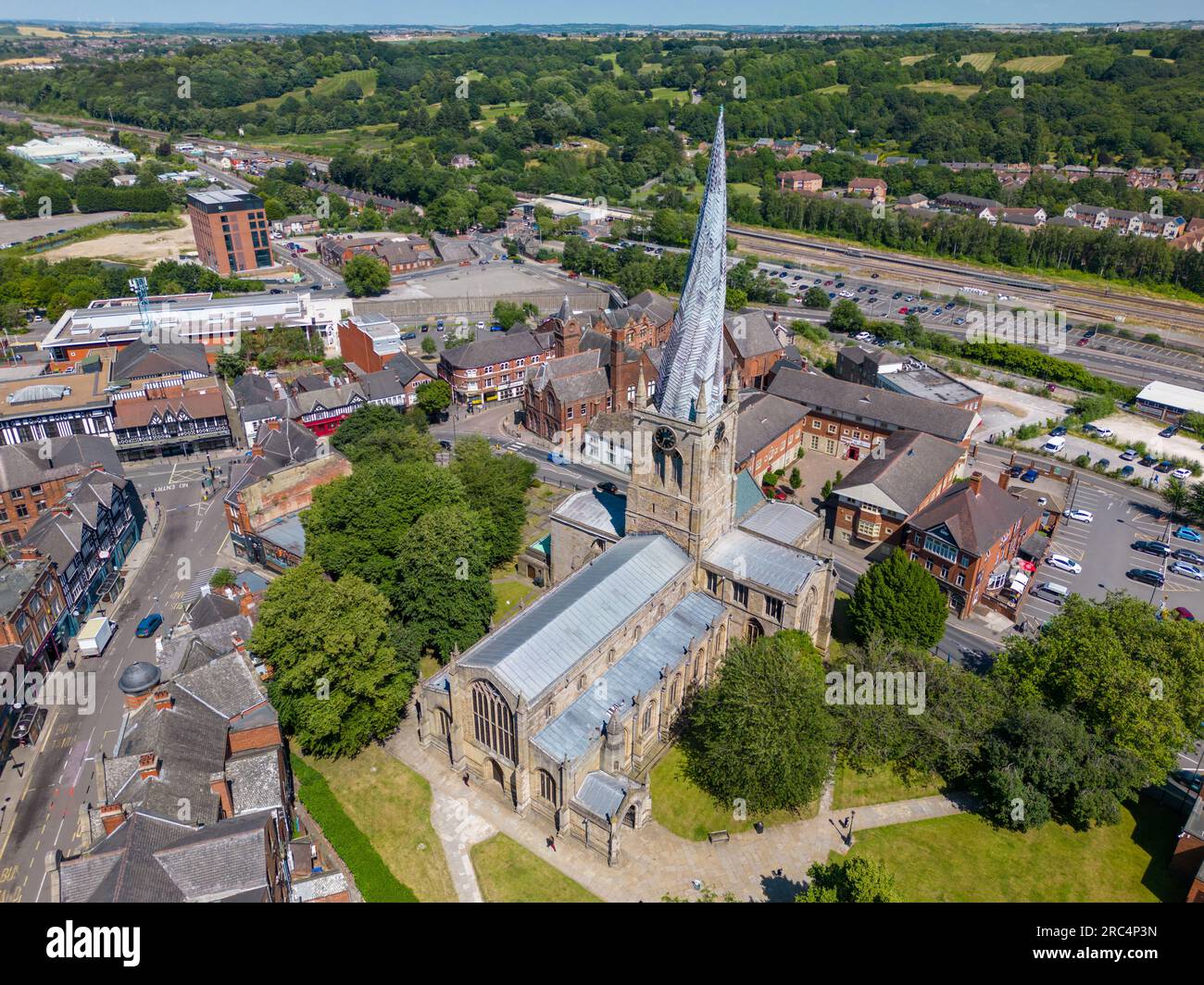 Aerial drone photo of the strangely shaped church tower in Chesterfield ...