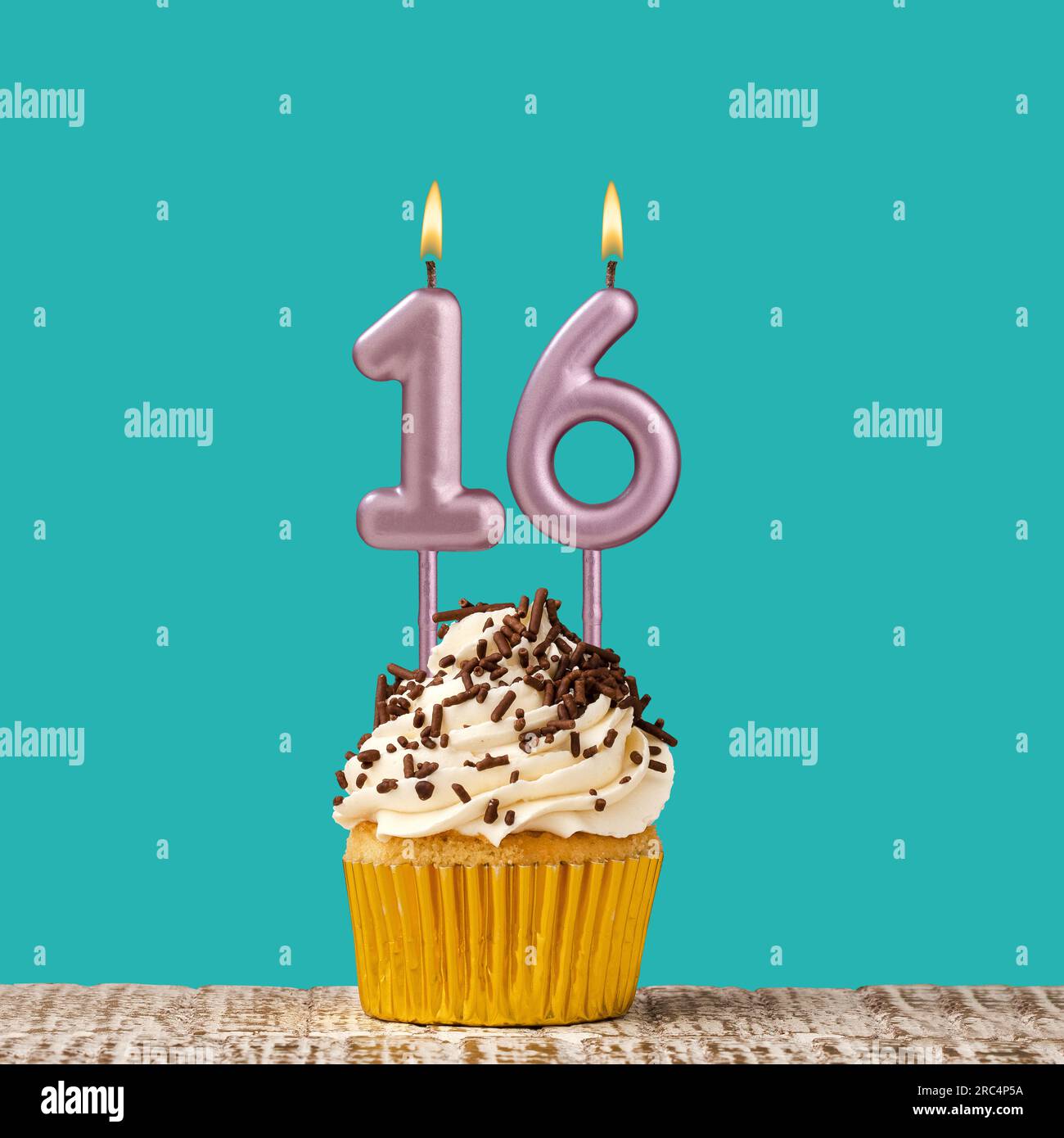 Birthday card with number 16 candle on aquamarine background Stock ...