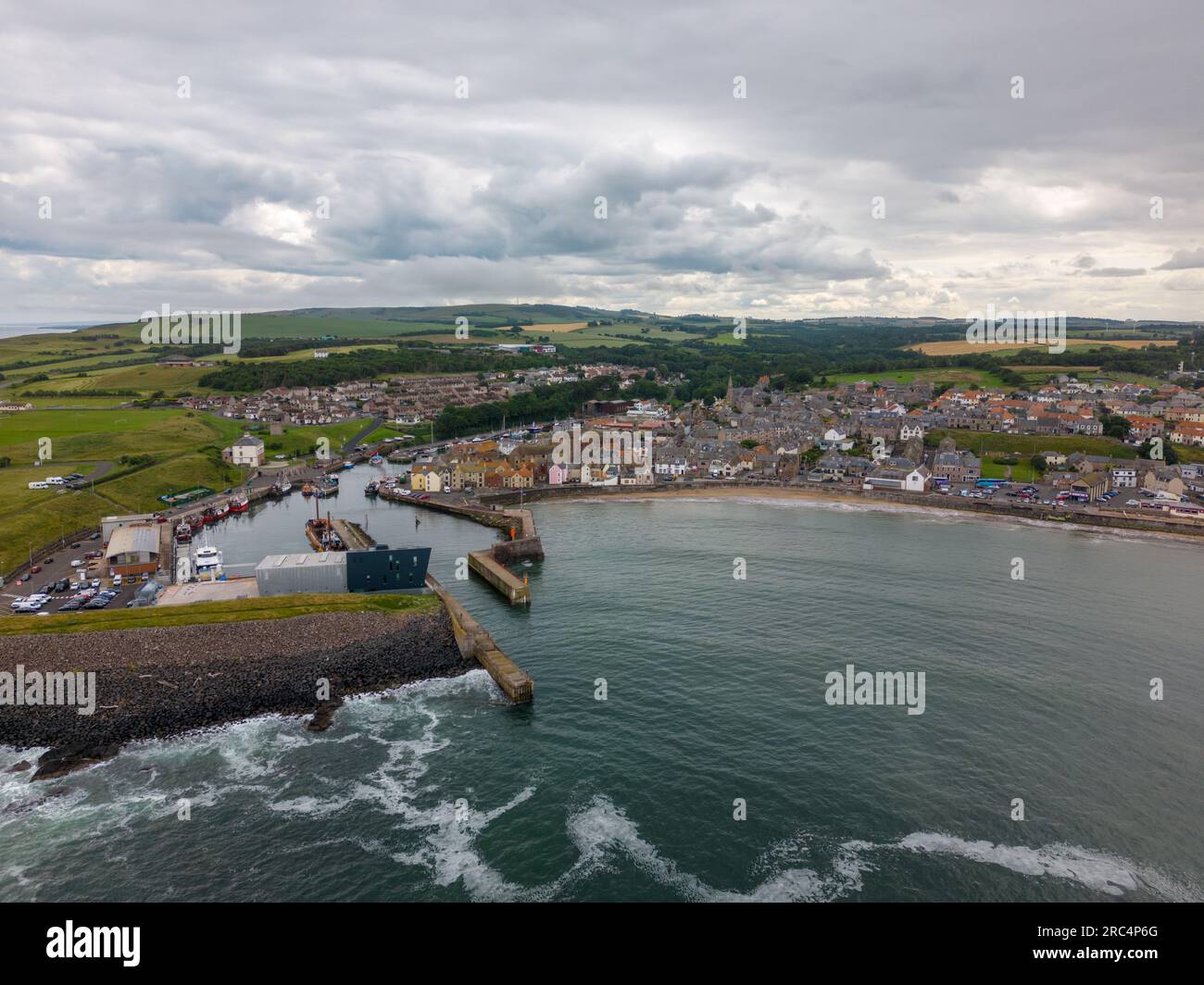Aerial drone photo of the harbour town Eyemouth in Berwickshire ...