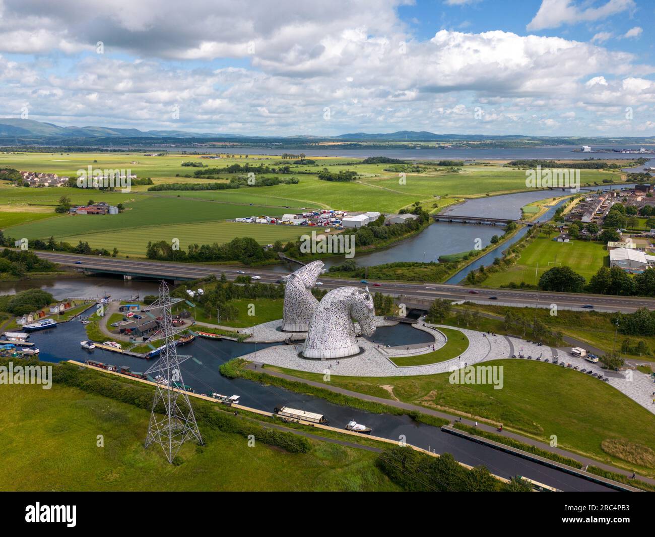 Aerial drone photo of the Kelpies, a huge statue of horses in Falkirk ...
