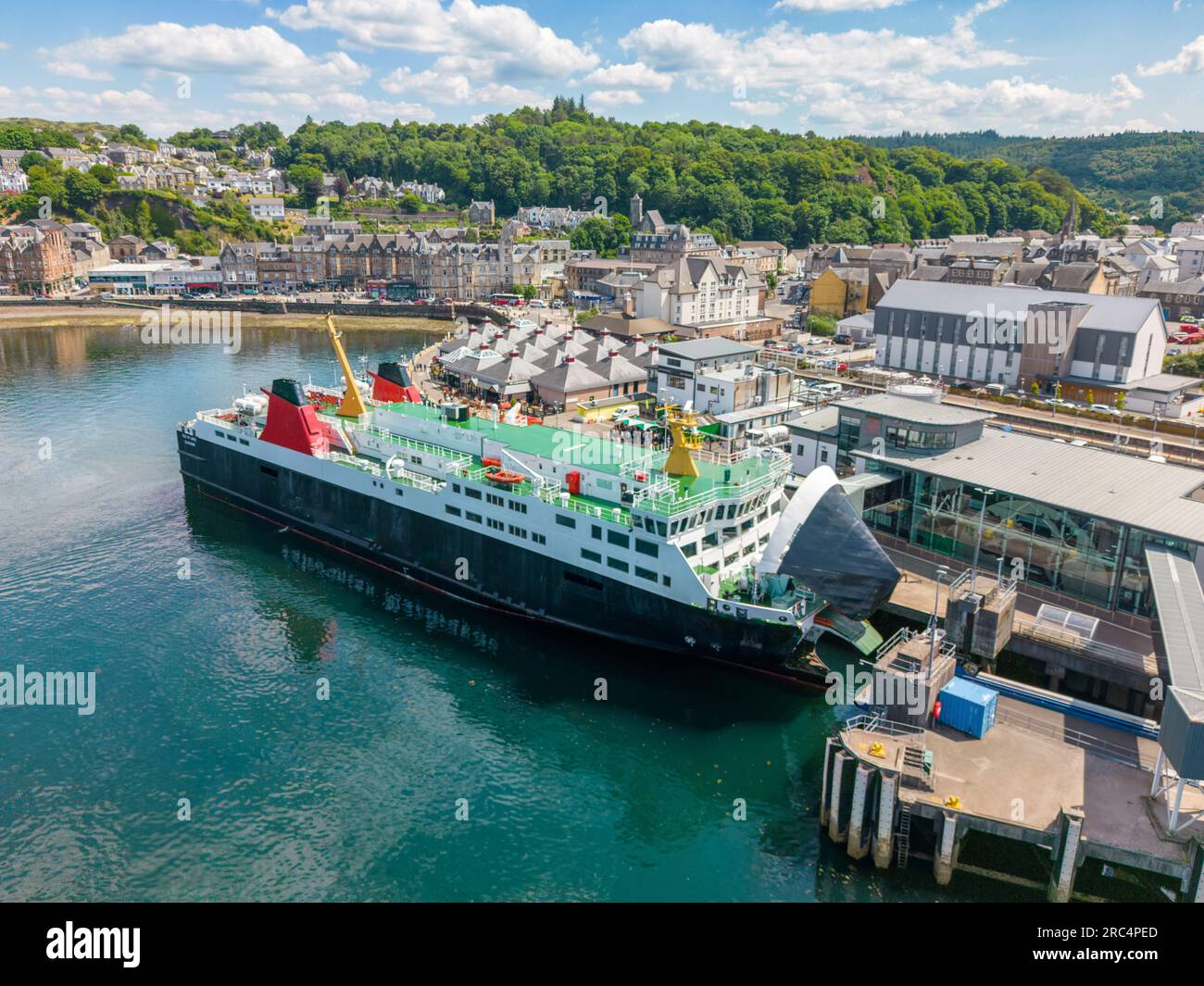 Aerial drone photo of a ferry boat in the harbour of Oban, West ...