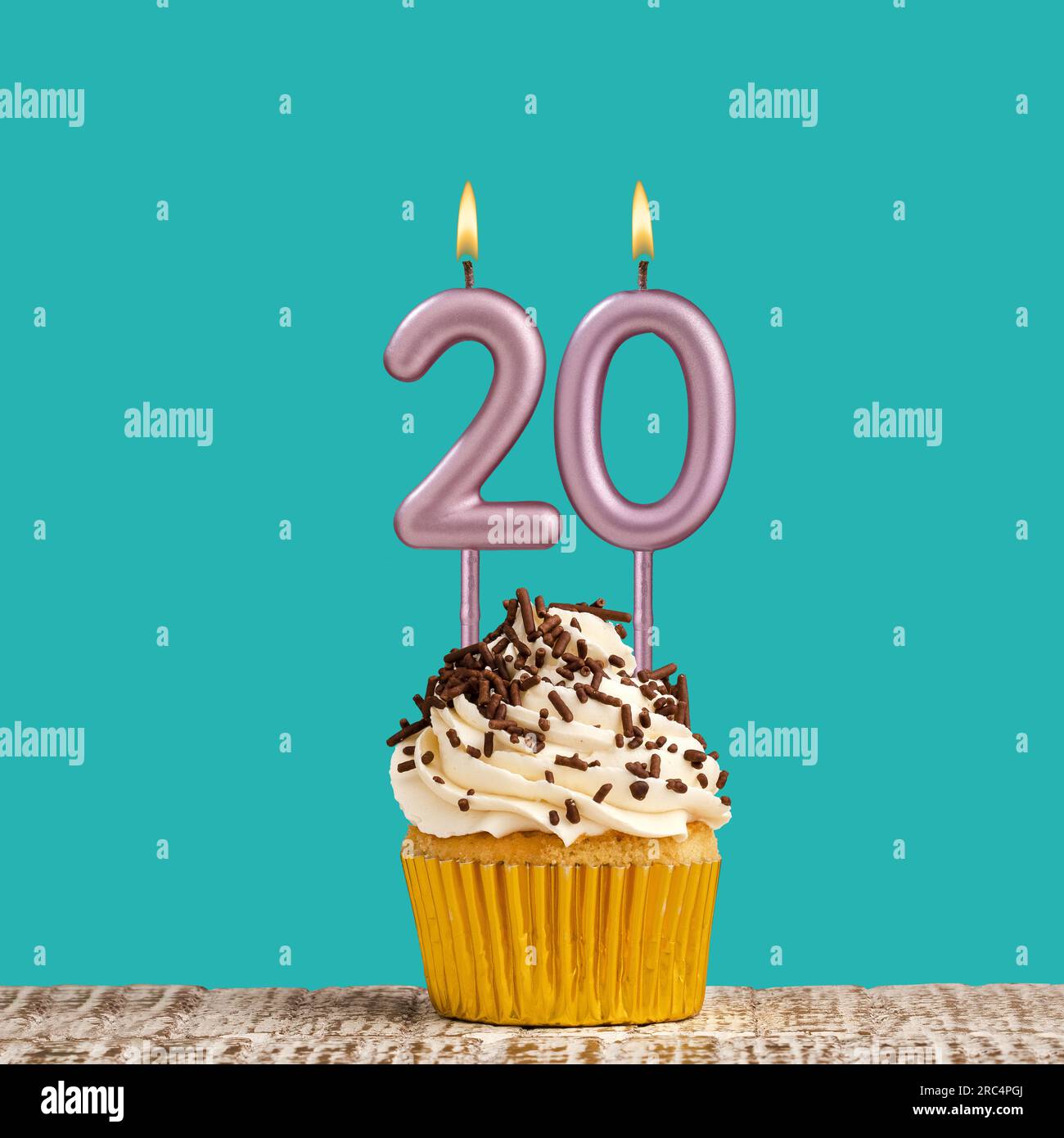 Birthday card with number 20 candle on aquamarine background Stock ...
