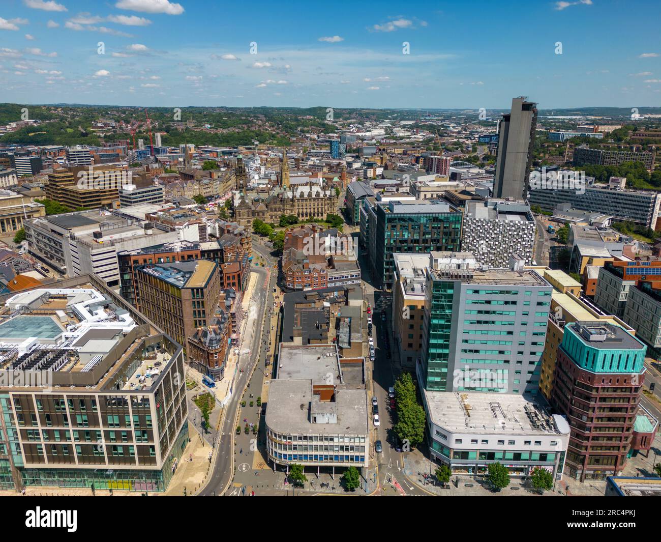 Aerial drone photo of the city centre in Sheffield, England. There are ...