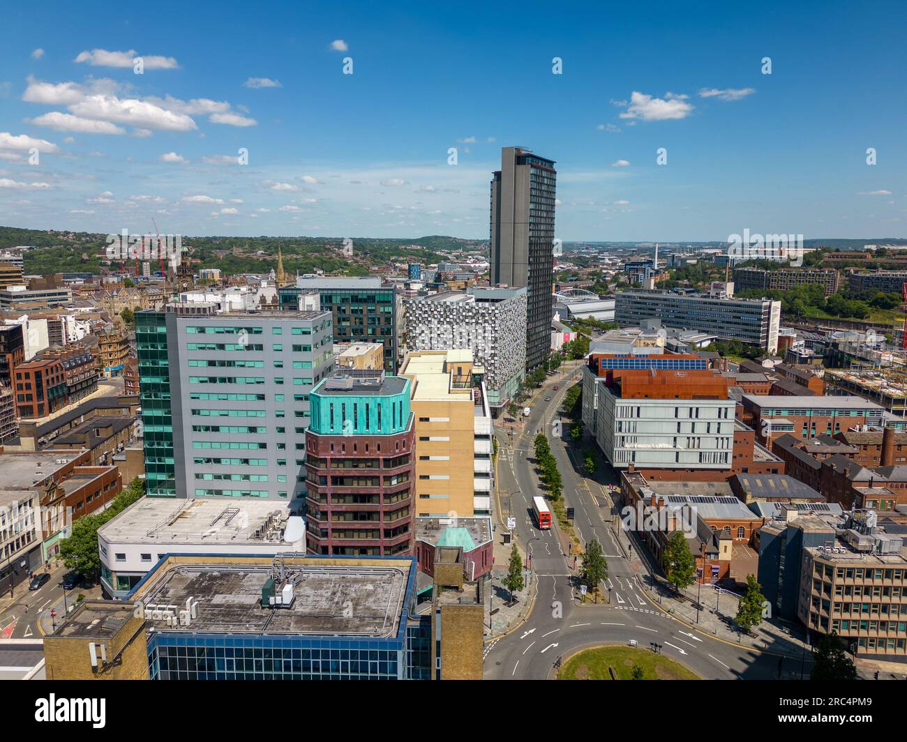 Aerial drone photo of the city centre in Sheffield, England. There are ...