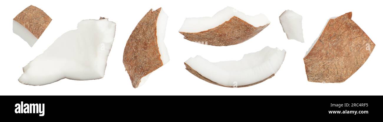 Pieces of coconut on a white isolated background. Large pieces of ...