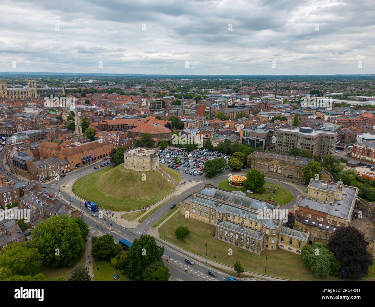 Aerial drone photo of Clifford's tower in York. York is a large city in ...