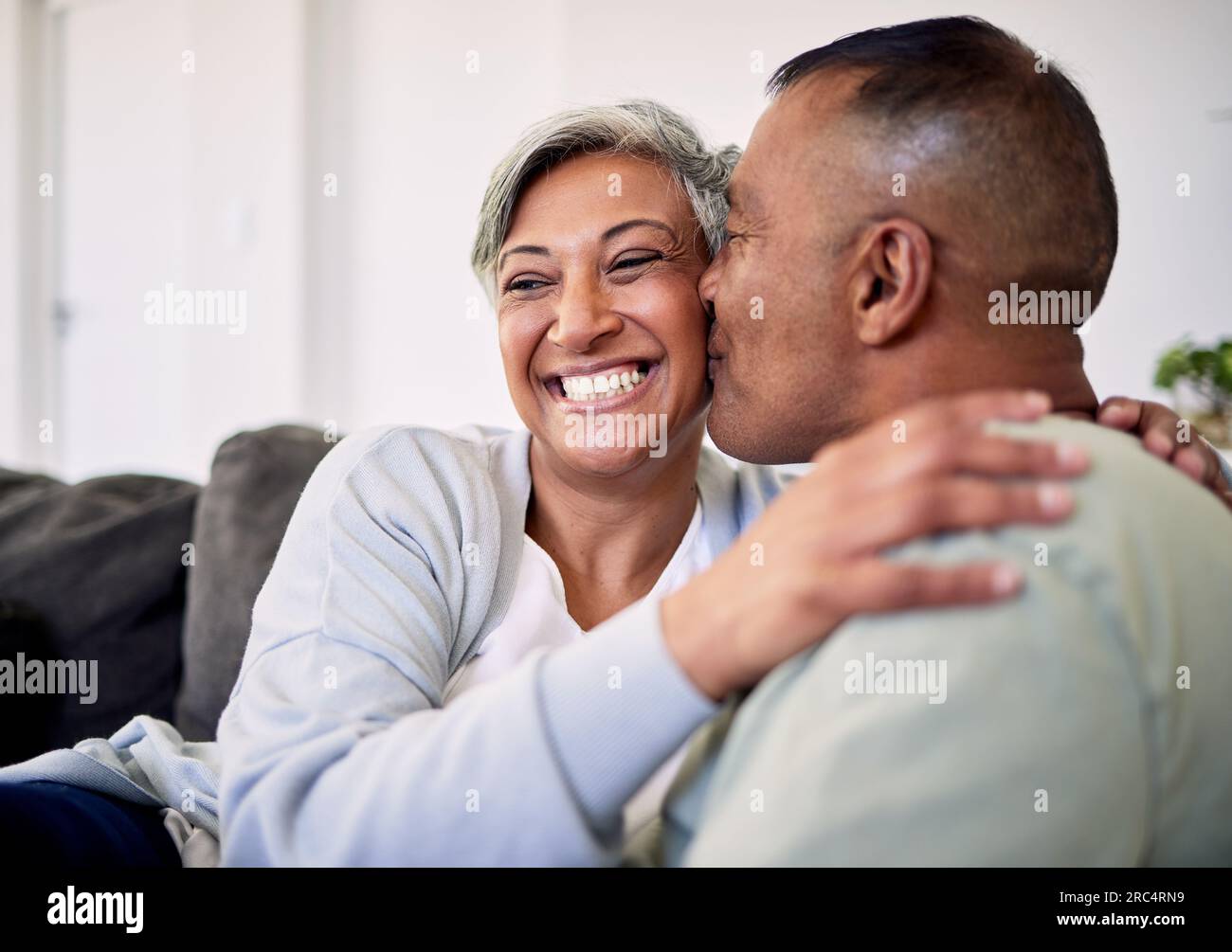 Love kiss, face and elderly couple happiness, romantic bond and enjoy quality time together ...