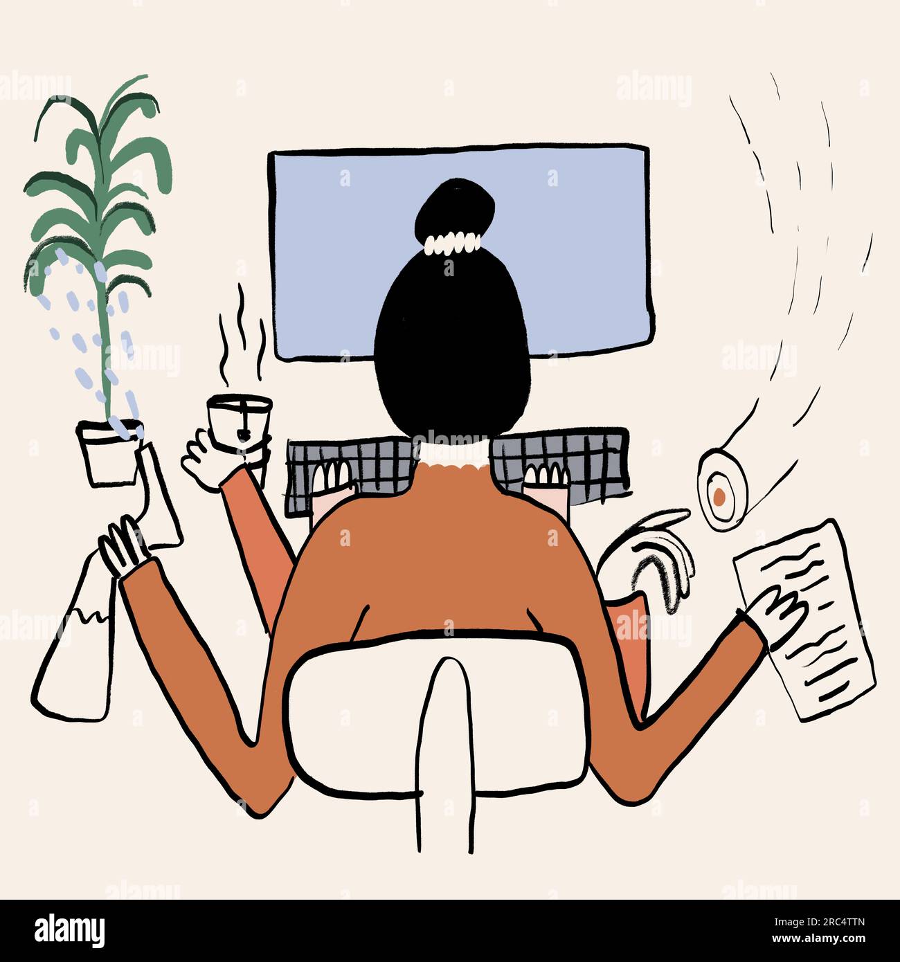 Vector illustration of back view of unrecognizable multitasking female ...