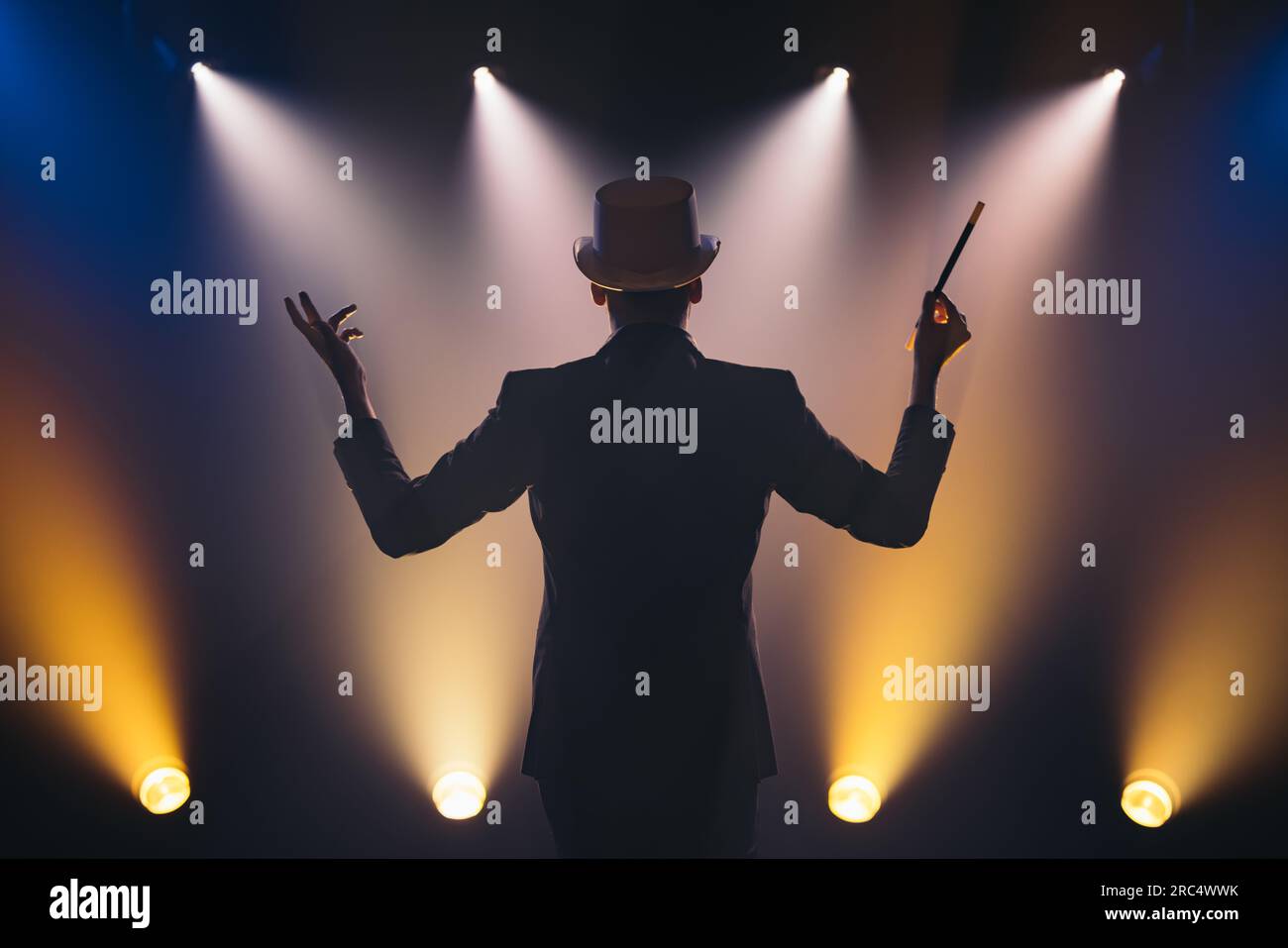 Back view of male illusionist in suit and top hat with magic stick ...