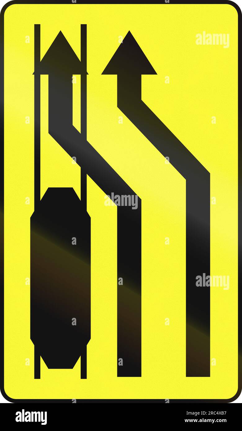 Polish warning sign: Traffic moves onto tram lane Stock Photo - Alamy