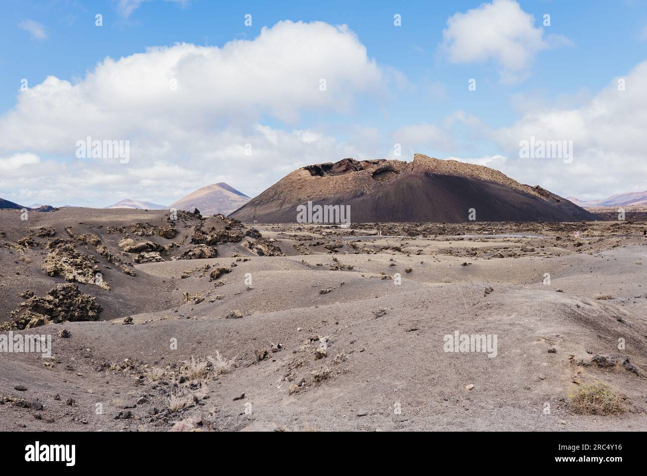 Arid sandy terrain with dry shrubs rocks and volcano landscape in ...