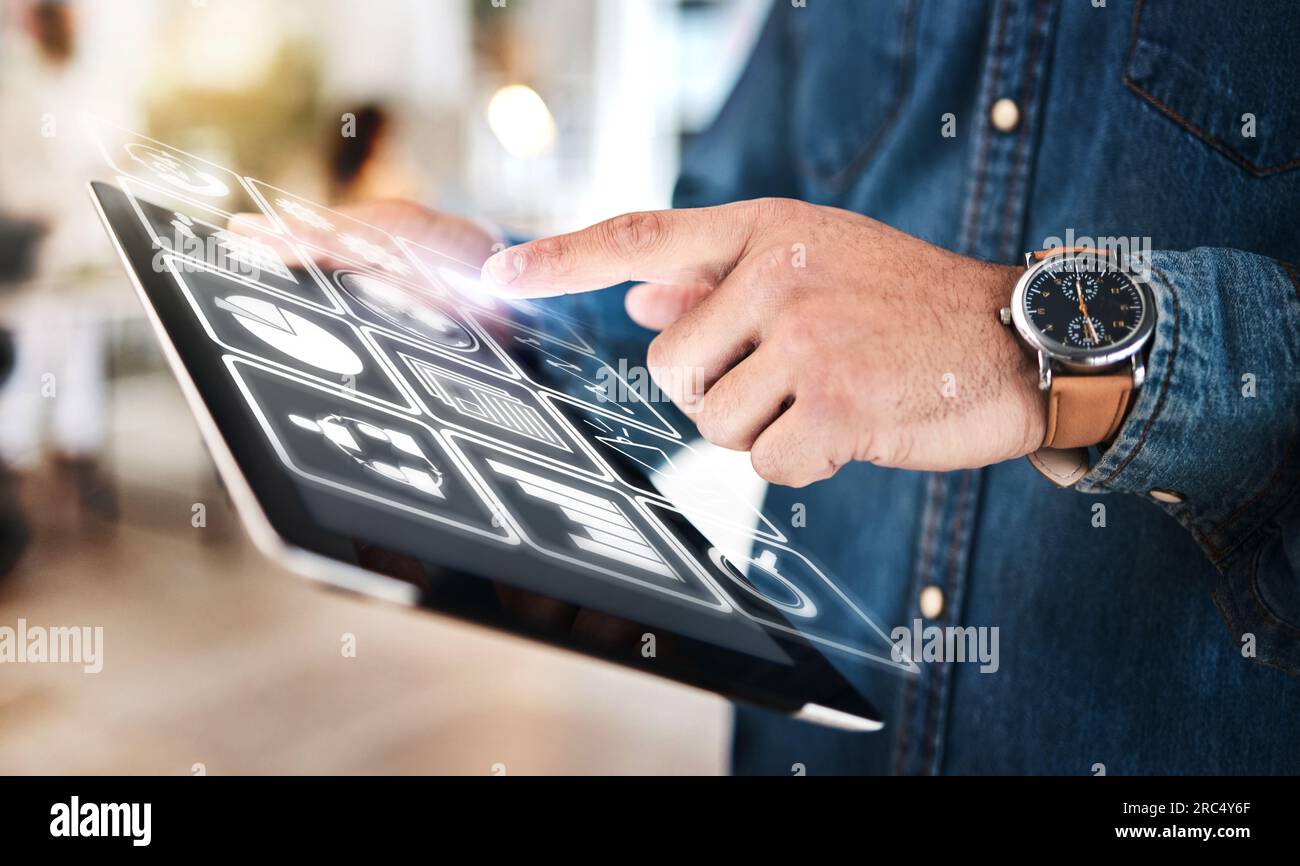 Hands Tablet And Hologram Dashboard In Office Startup And Typing For