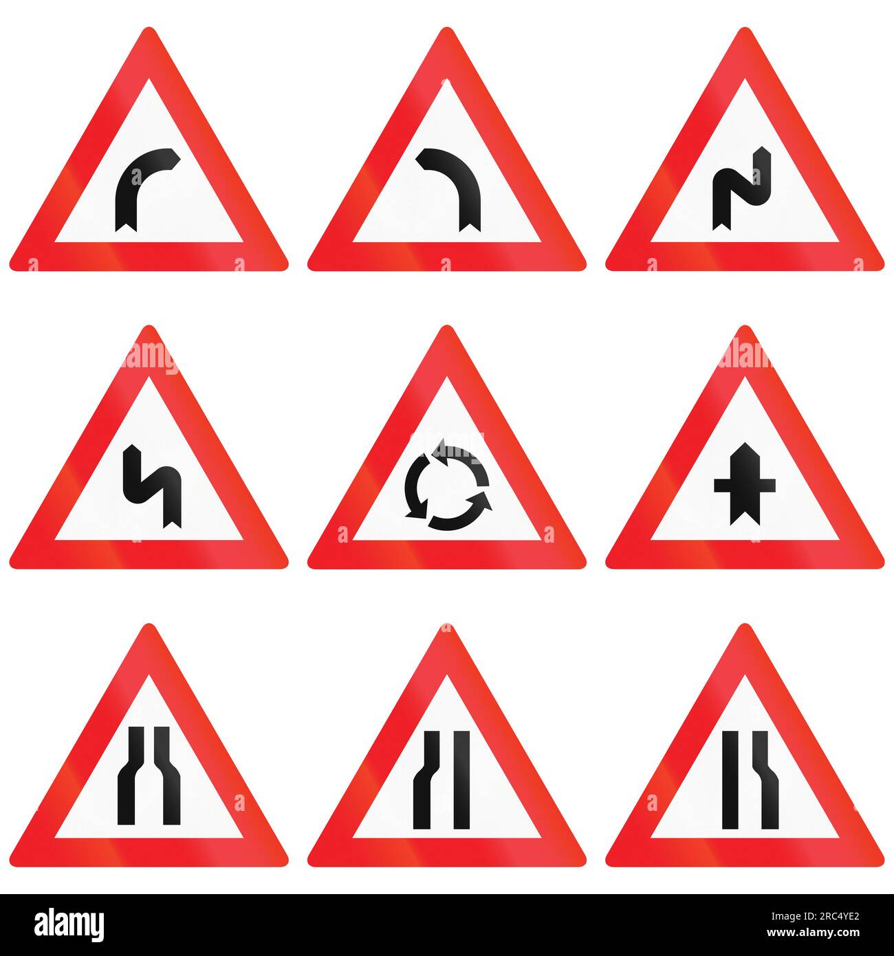 Collection of Austrian Warning signs about curves, roundabout, priority ...