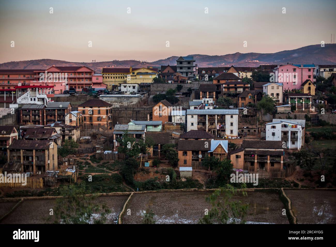 Picturesque view of residential houses multistory buildings with ...