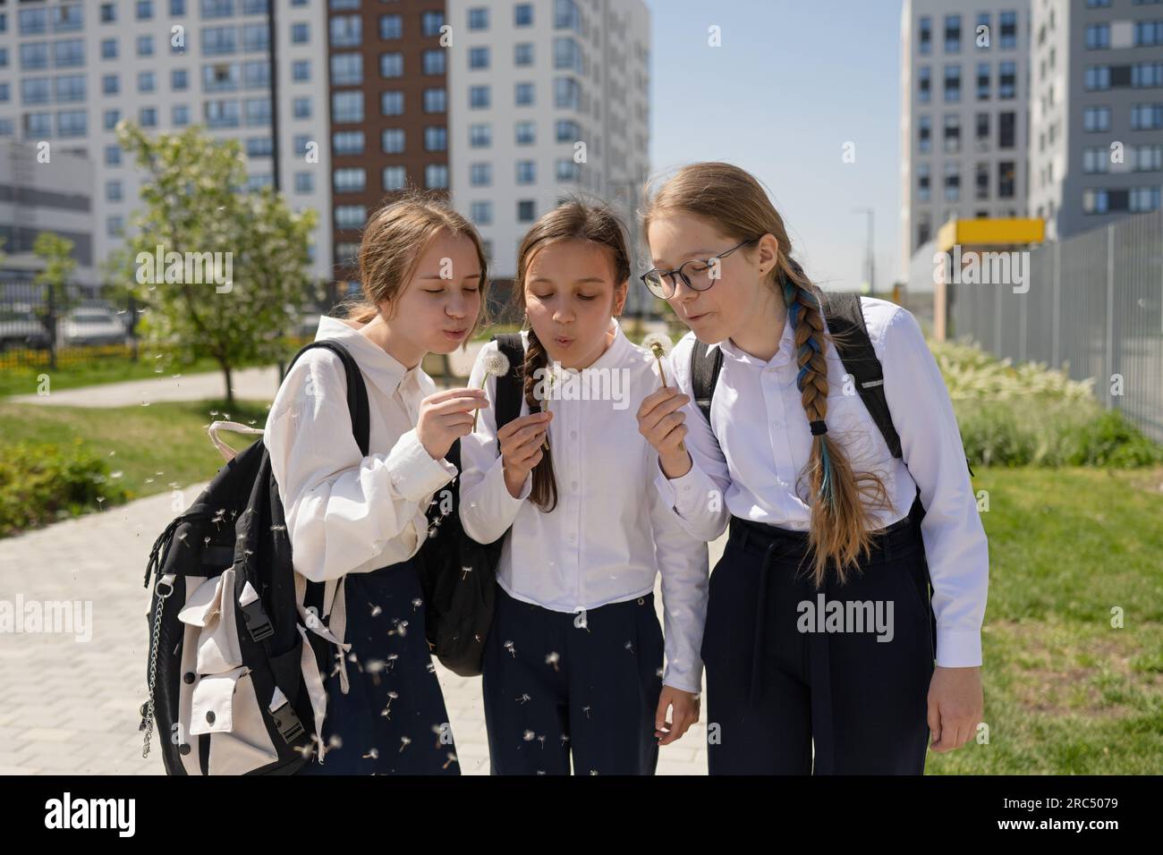 Group of young adolescent girl students in uniforms braided hair and ...