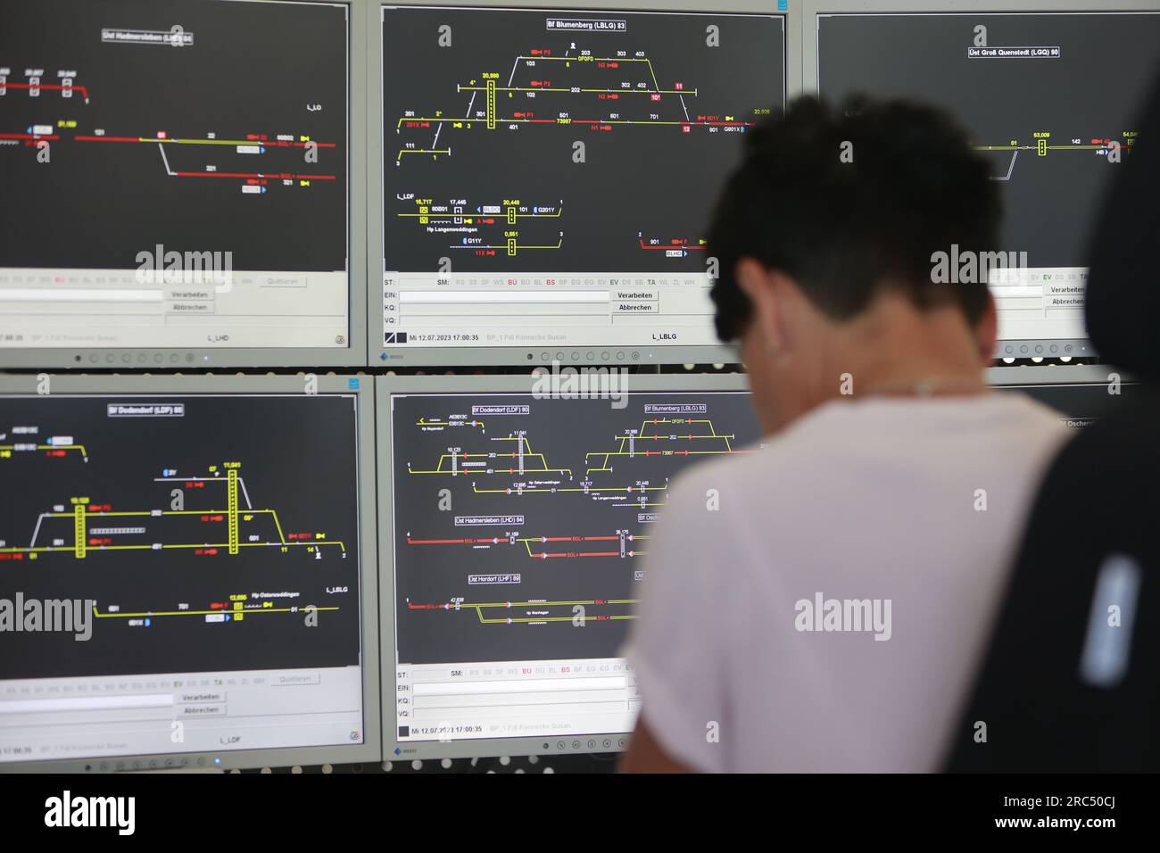 Halberstadt, Germany. 12th July, 2023. View of interlocking monitors of ...