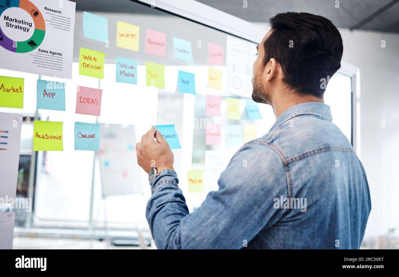 Creative man, sticky note and glass board for project planning ...