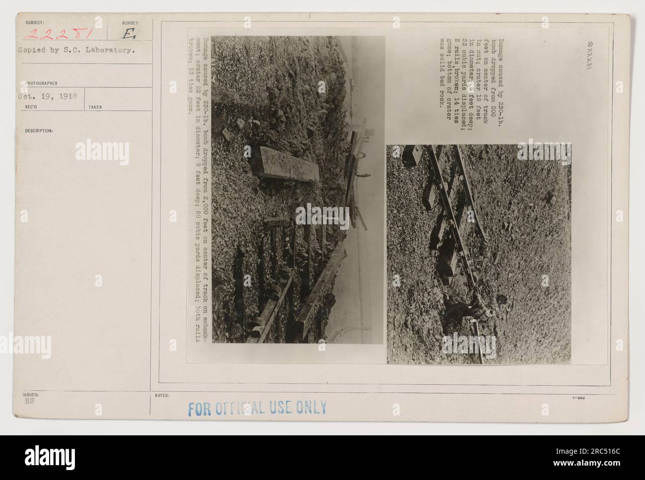 Damage caused by a 230-1b. bomb dropped during World War One is shown ...