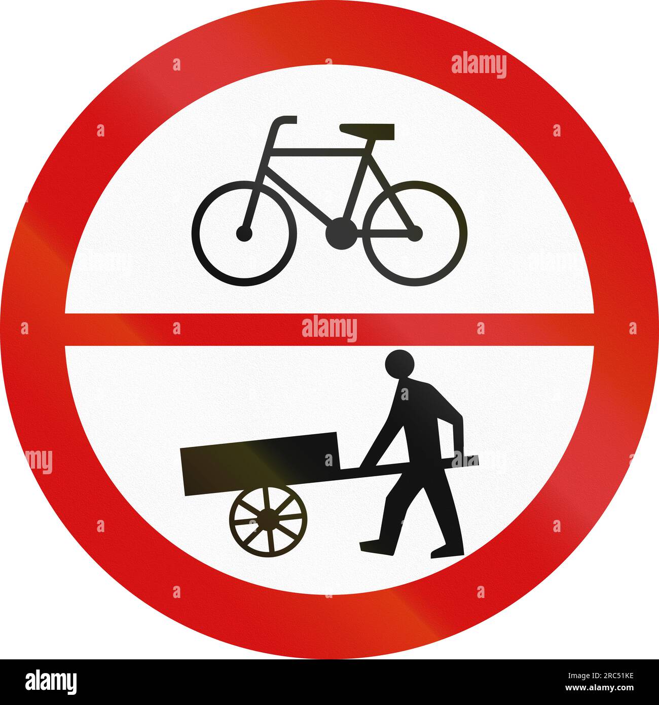 Polish traffic sign prohibiting thoroughfare of bicyles and handcarts ...