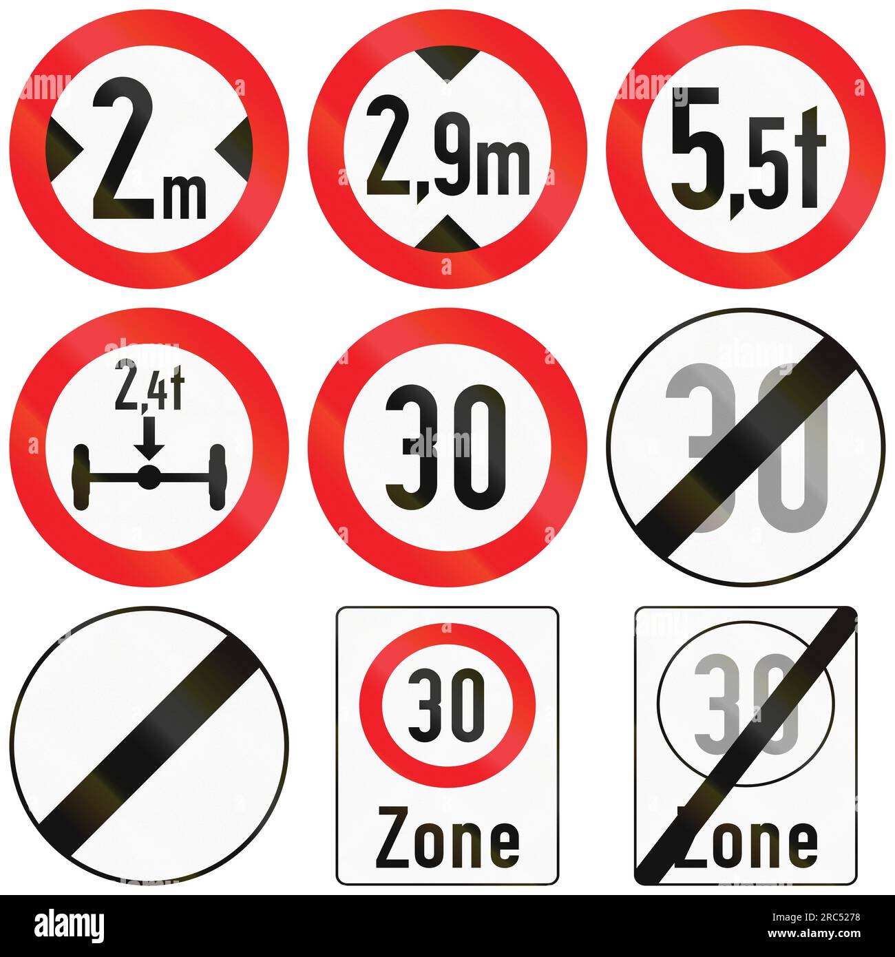 Collection of Austrian traffic signs defining size, weight and speed ...