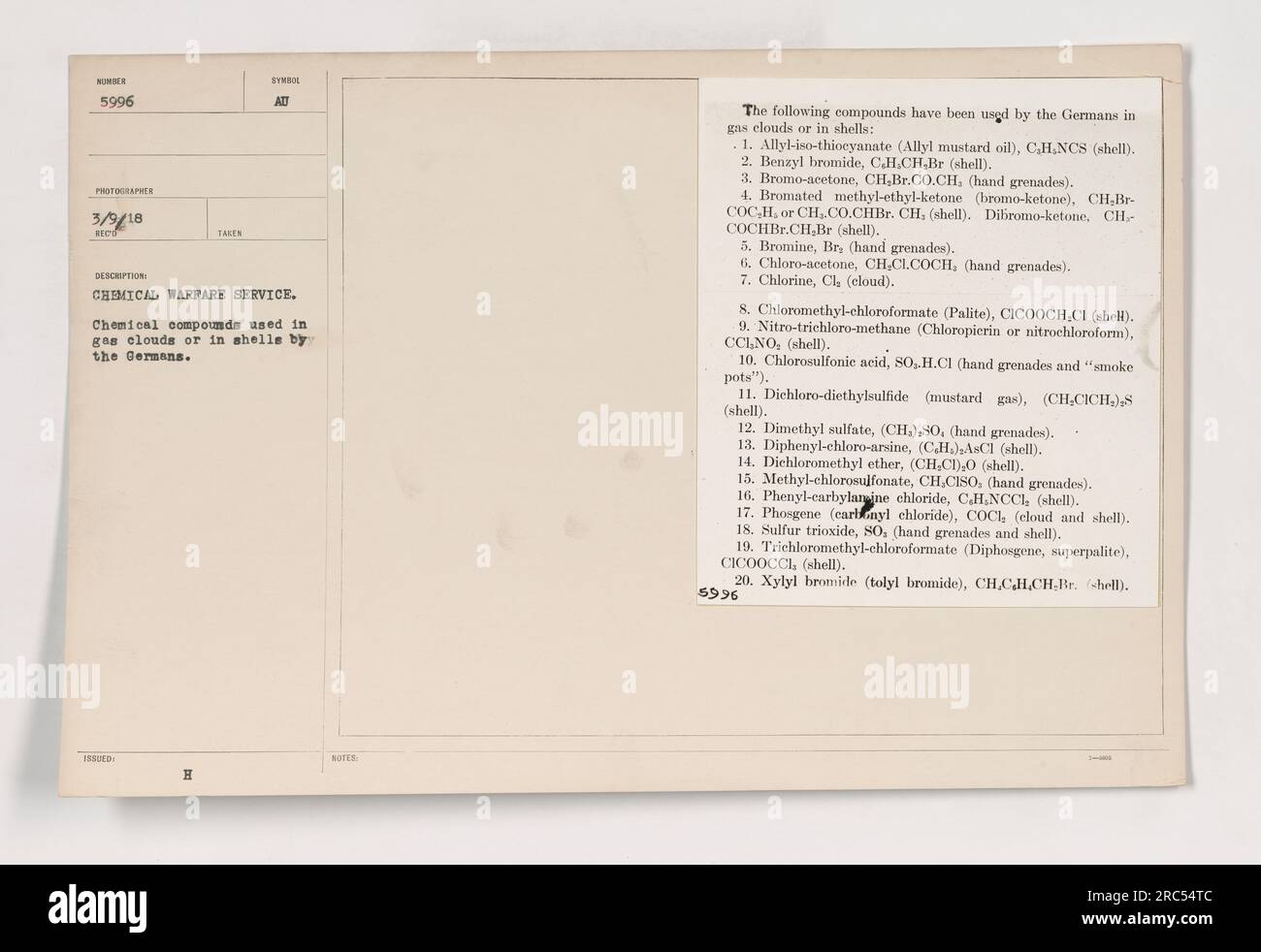 Chemical compounds used by the Germans in gas clouds or shells during ...