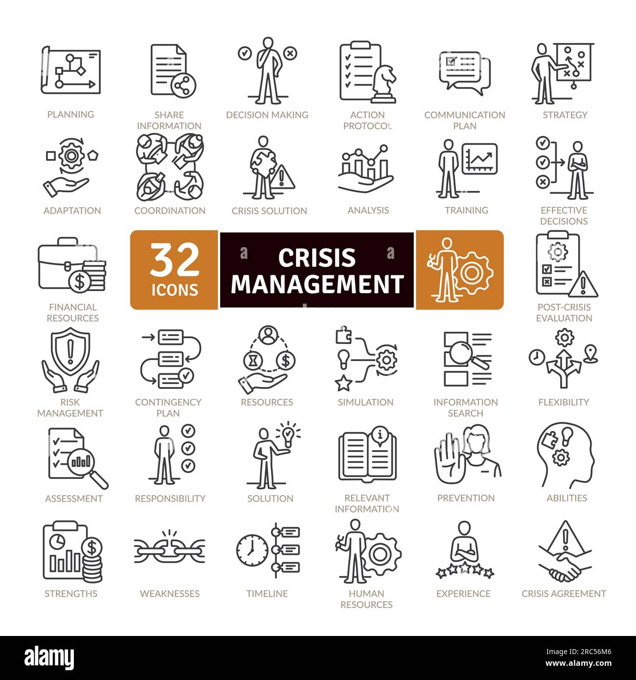 Collection of crisis management icons and tools to avoid it. Thin line ... Collection of crisis management icons and tools to avoid it. Thin line ...