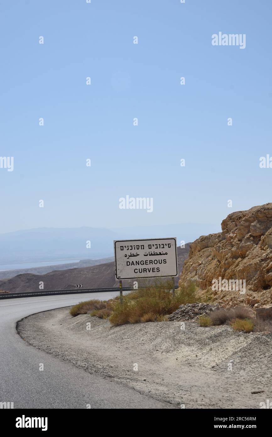 Curvy Road Signs between Arad and Neve Zohar - Judean Desert and Lower ...