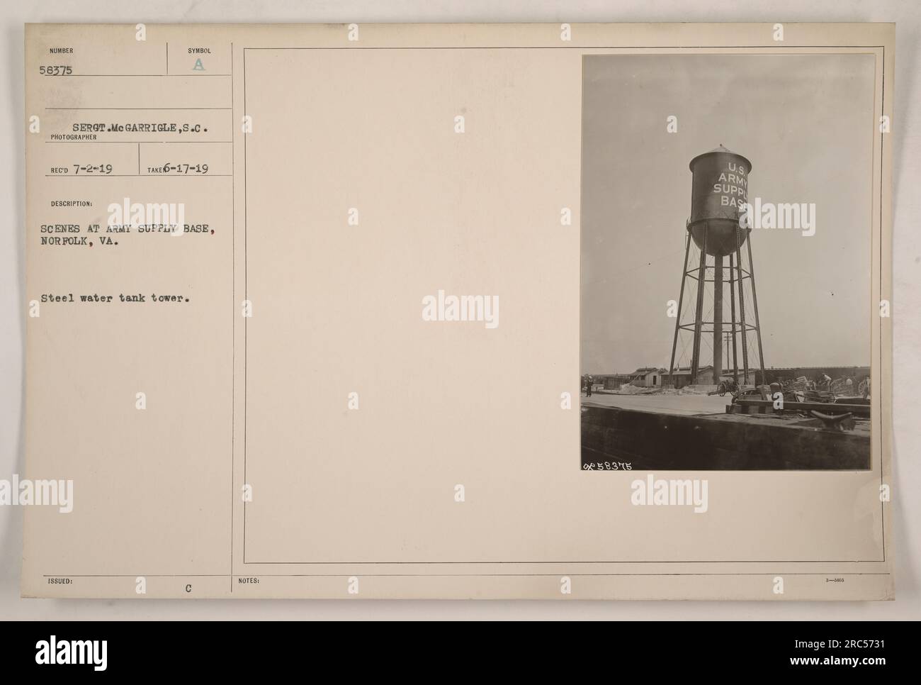Steel water tank tower at Army Supply Base in Norfolk, VA. Photograph ...