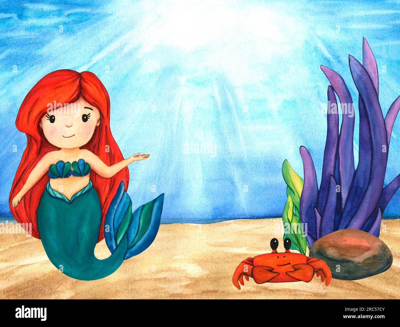 Seascape, stones, cute mermaid, crab and violet seaweed. Seabed ocean ...