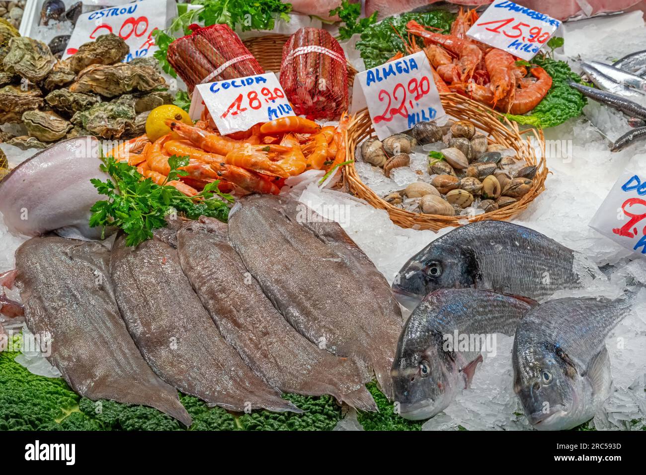 Beautiful display of fresh fish and seafood seen at a market in ...